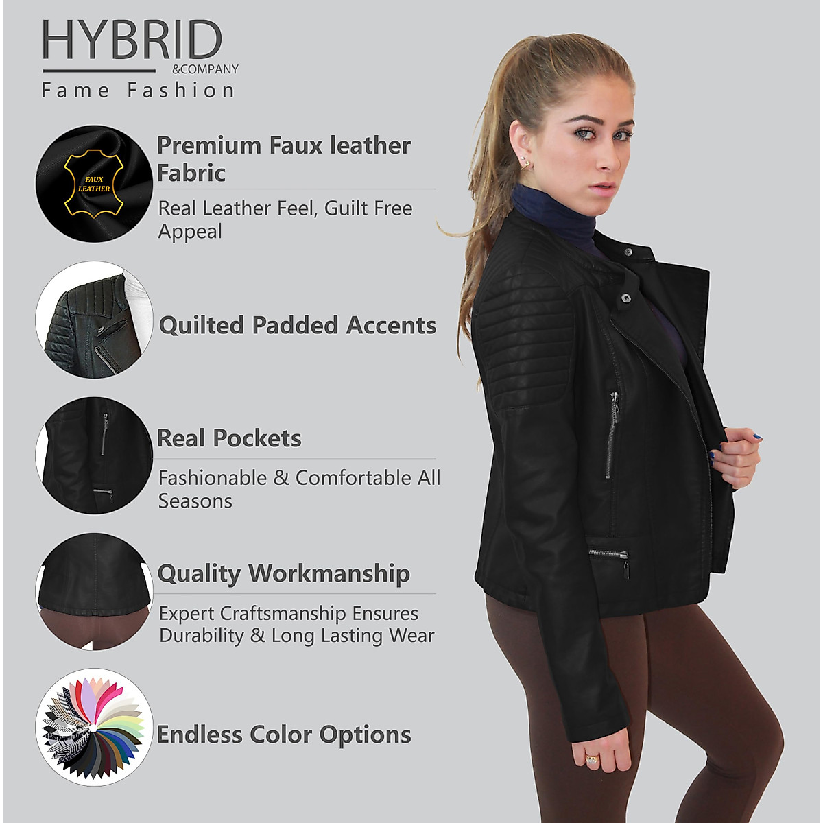 Olivia Miller Womens Faux Leather Zip Up Moto Biker Jacket JK5207S Black Medium