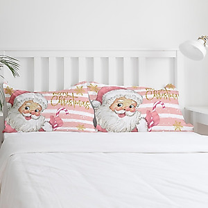 Boanket Pink Santa 3 Pieces Christmas Bedding Set Cal. King Size, Xmas Snowflake Soft Duvet Cover Set Comforter Cover Set with Zipper Closure All-Season Breathable Bedding Set Pink White Striped