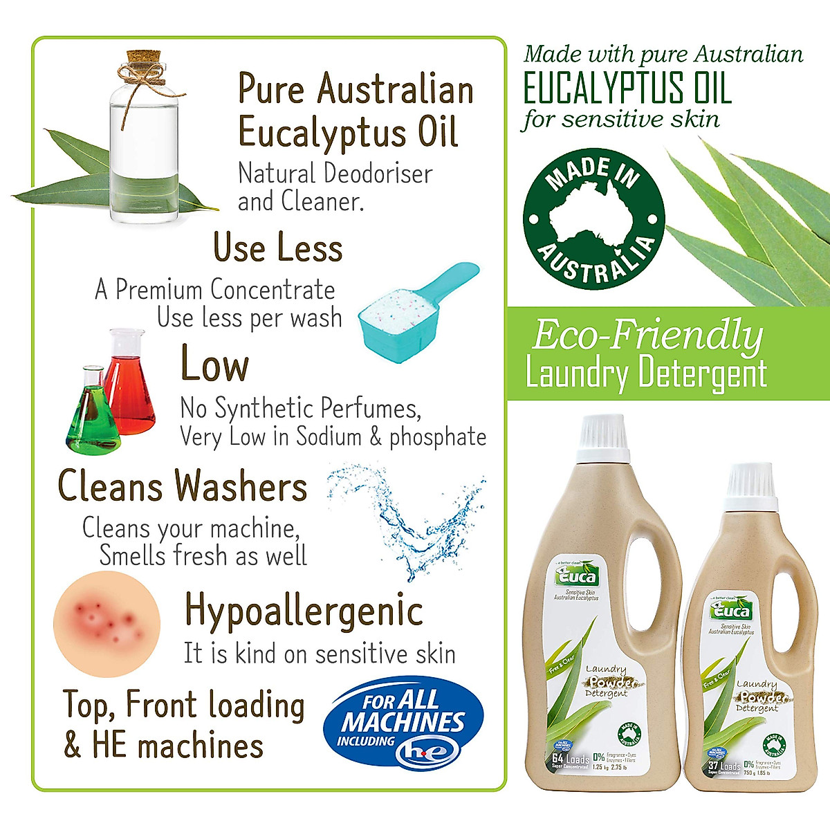 100% Australian Made - ECO-Friendly Eucalyptus Oil Laundry Powder Detergent, Super Concentrated, Hypoallergenic, No Synthetic Perfumes, 2.75 LB (Pack of 2)