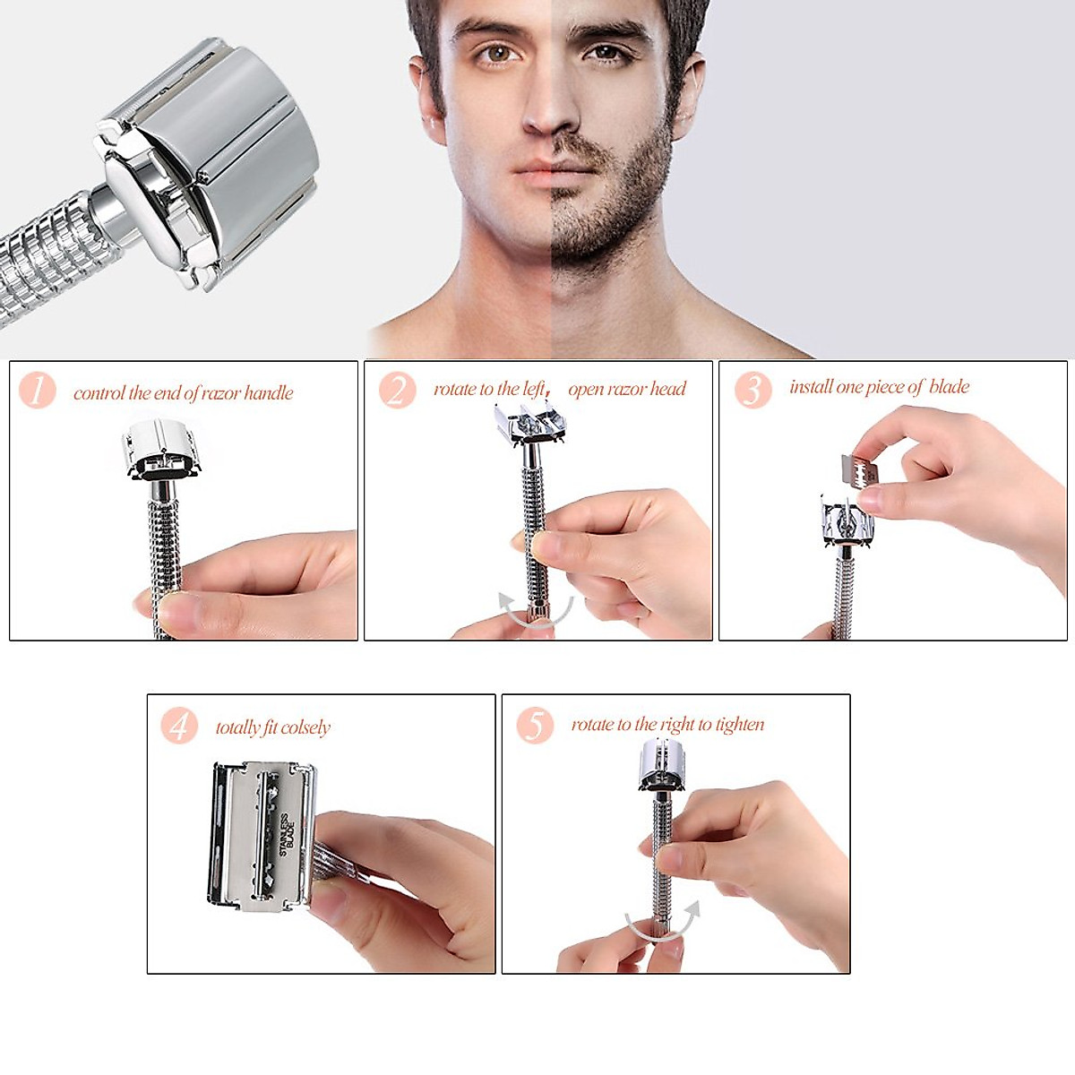 Safety Razor Metal Double-edged Shaving Razor Manual Mustache Removal Traditional Shaving Tool with 20Pcs Razor Blades for Hotel Home Travel (Silver)