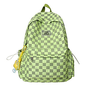 Kawaii Backpack with Cute Duck Pendant, Aesthetic Checkered School Bags BookBag Japanese Ita Bag Daypack (Green), One Size