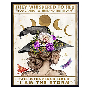 Witch Wall Art Motivational poster 8x10 - They Whispered to Her You Cannot Withstand The Storm - Inspirational Gift for Women - Wiccan Witchy Room Decor - Pagan Witchcraft Home Decor - Positive Quotes