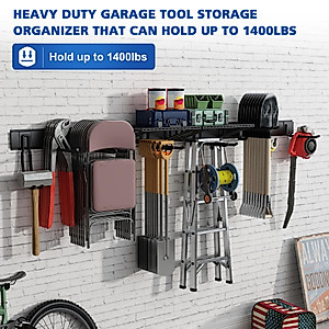Bezuny Heavy Duty Garage Garden Tool Organizer - 95" Wall Mounted Storage Rack with 2 Shelves, 12 Removable Hooks, Holds Up to 1400 lbs - Perfect Yard Tool Storage Solution