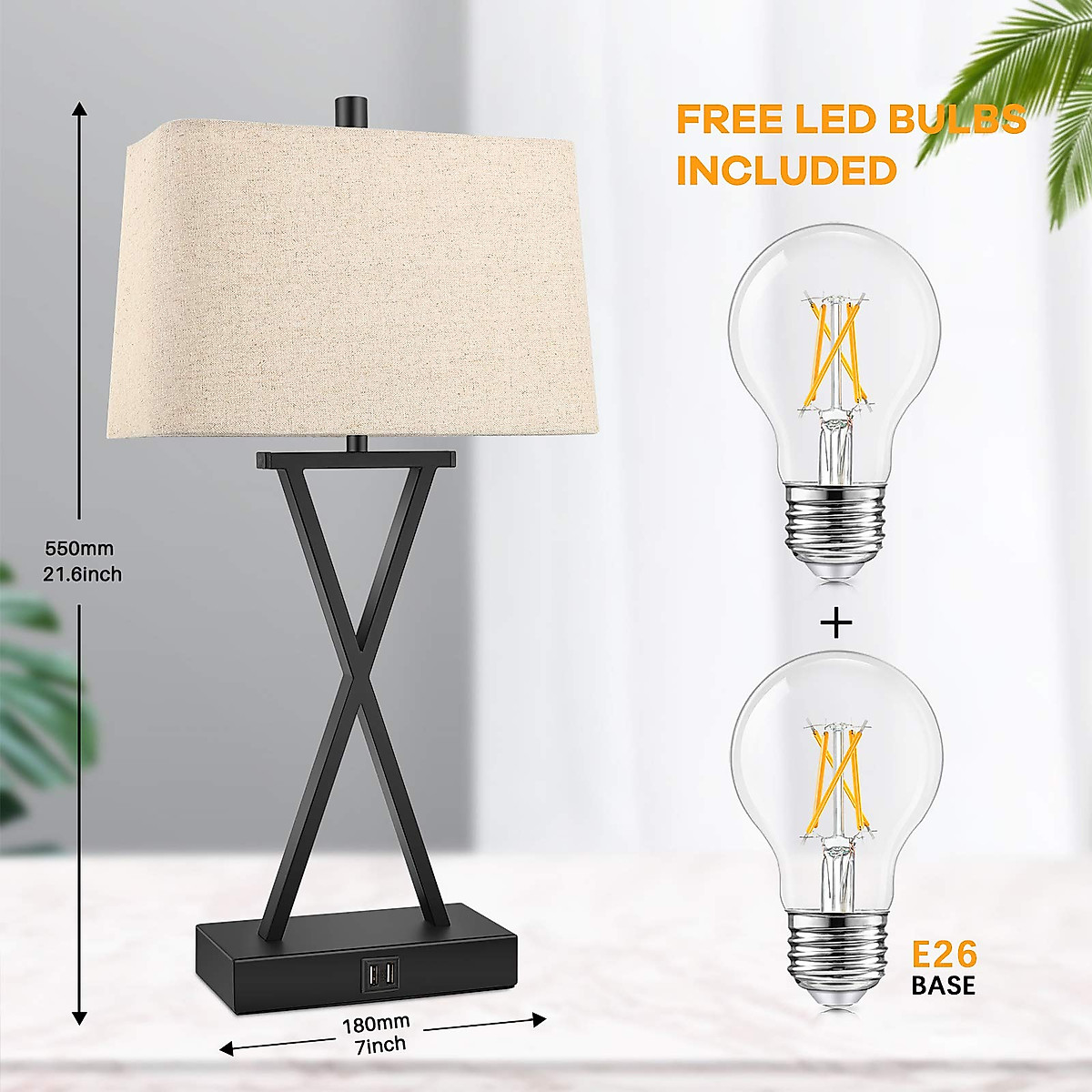 Set of 2 Touch Control 3-Way Dimmable Table Lamp Modern Nightstand Lamp with 2 USB Port Bedside Desk Lamp with Fabric Shade for Living Room Bedroom Hotel, Cream, Bulbs Included