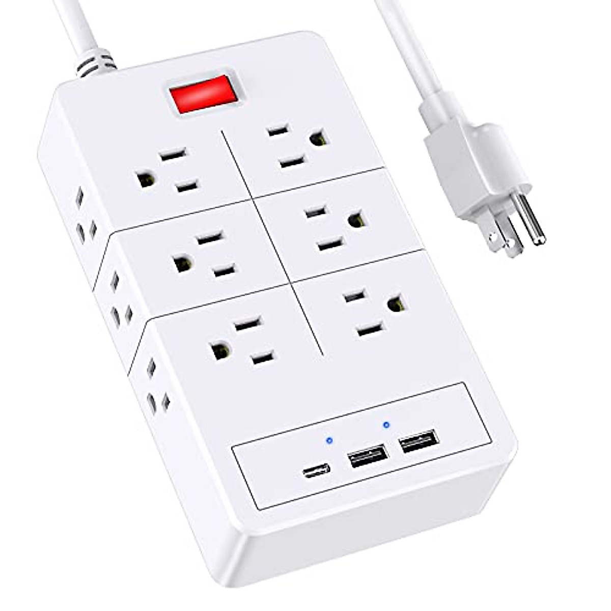 Power Strip with USB C - 12 Widely Outlets with 2 USB Charging Ports+1 USB C Total 3.1 A, 6 ft Long Heavy Duty Extension Cord,Overload Surge Protection, Surge Protector Wall Mount for Home (White)