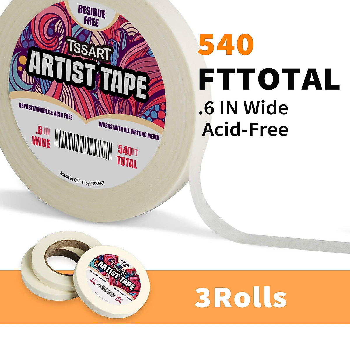 TSSART 3 Pack White Artist Tape - Masking Artists Tape for Drafting Art Watercolor Painting Canvas Framing - Acid Free 0.6inch Wide 540FT Long Total