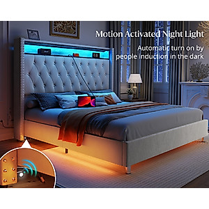 Jocisland Queen Size Bed Frame 53.6'' Tall Headboard LED Lights Charging Station, Velvet Hign Upholstered Platform Bed Wingback Storage, No Box Spring Needed, Motion Activated Light, Light Gray
