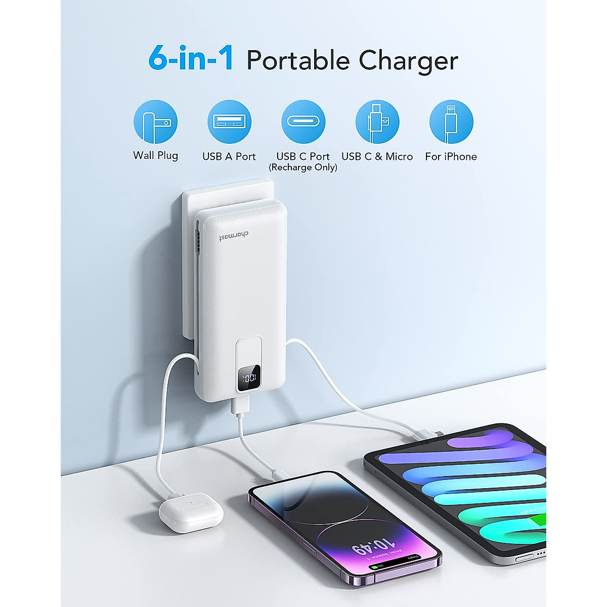 Charmast Portable Charger with Built-in Cables and Wall Plug, 20000mAh 20W USB C Power Bank Fast Charging Battery Pack Compatible with iPhone iPhone 15/14/13 Series, Samsung Google iPad etc