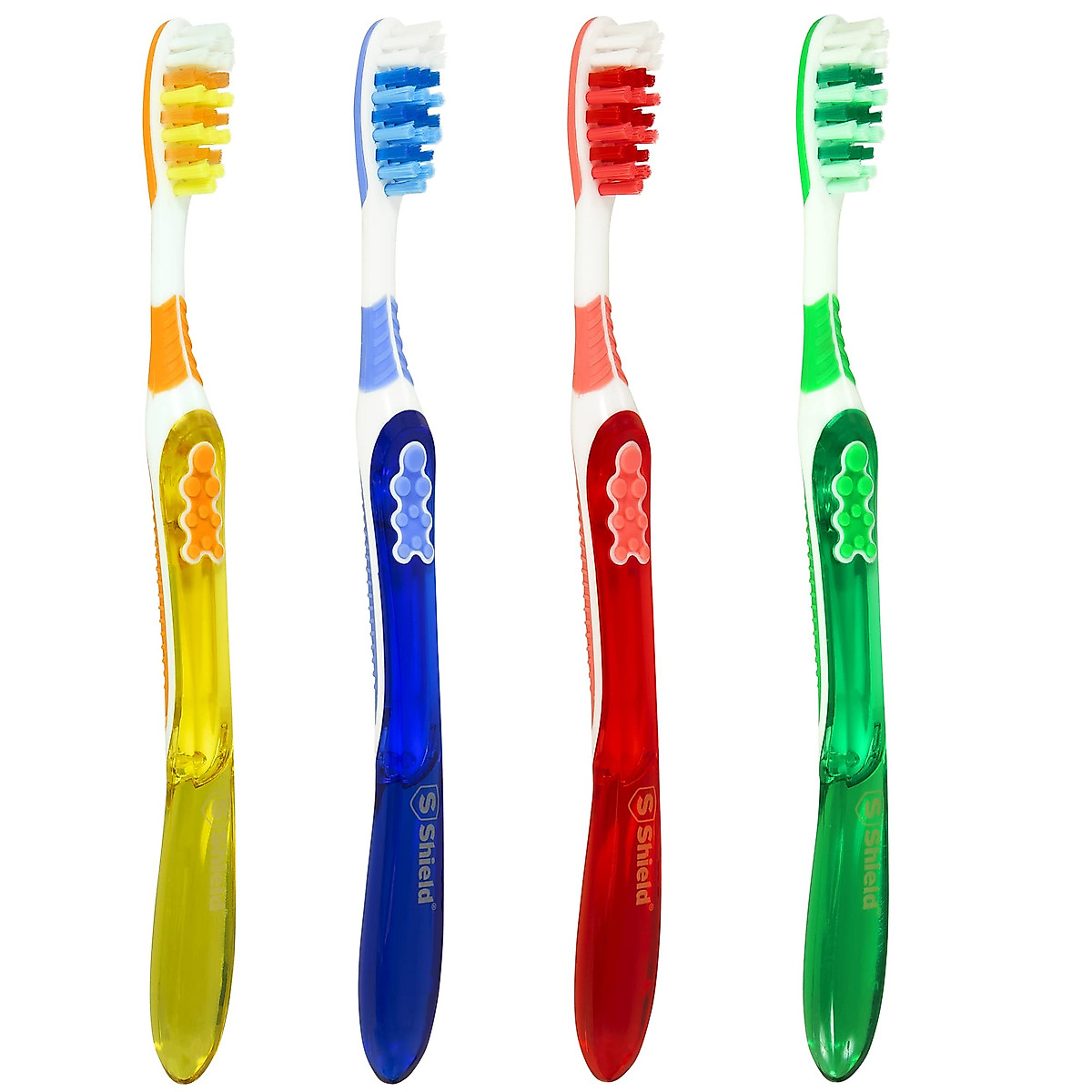 Shield Care Toothbrush Dual Pro with Multi-Level Filaments, Anti-Slip Grip (Expert Care - Soft Bristles) Adult - Yellow, Red, Blue, Green - 4 Count (Pack of 1)