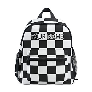 ODAWA Custom Black and White Checkerboard Backpack for Boys Girls, Personalized Backpack with Name/Text, Customization Preschool Backpack Kindergarten