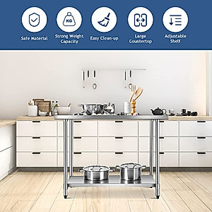 WATERJOY 48" x 30" Stainless Steel Table with Adjustable Shelf for Prep & Workstations Commercial Heavy Duty worktables