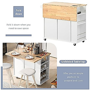 Gustonhon Kitchen Island with Drop Leaf,Dining Table Trolley with Power Outlet and Rubber Wood,Open Storage and Wine Rack,5 Wheels,with Adjustable Storage for Home, Kitchen, and Dining Room (White)