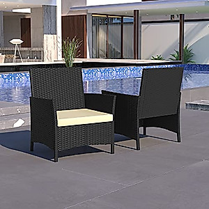 IDS Online MLM-17240 1 Loveseat 2 Single Chairs Cushion, Leisure Glass Top Coffee Table for Garden Lawn Poolside Backyard 4 Piece Rattan Pattio Outdoor Furniture Wicker Conversation Set, Black-White