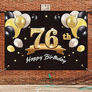 PAKBOOM Happy 76th Birthday Banner Backdrop - 76 Birthday Party Decorations Supplies for Men - Black Gold 4 x 6ft