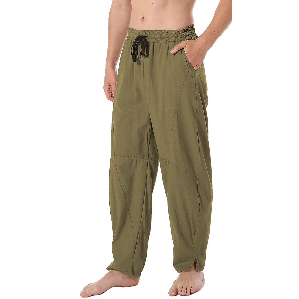perdontoo Mens Linen Cotton Loose Fit Casual Lightweight Elastic Waist Summer Pants (Medium, Olive)