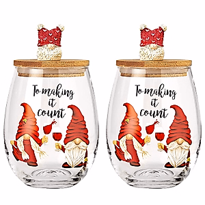 Christmas Gnome Wine & Water Glasses With Dwarf Wood Cover - Set of 2-17.5oz - Santa Holiday Festive Gnomes Stemless Clear Wine Glass For Red Or White Wine - Wines Glass for Women Friends Men Sister