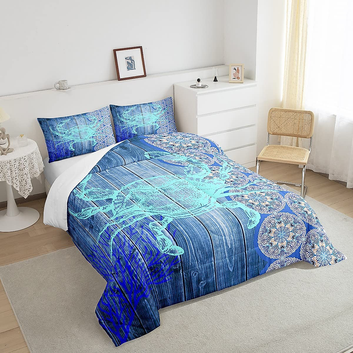 Erosebridal Crab Print Bedding King Ocean Themed Comforter Boho Mandala Duvet Insert Blue Coral Quilted Duvet 3pcs Sea Wildlife Down Alternative Comforter with 2 Pillowcase Blue Bedroom Comforter Set