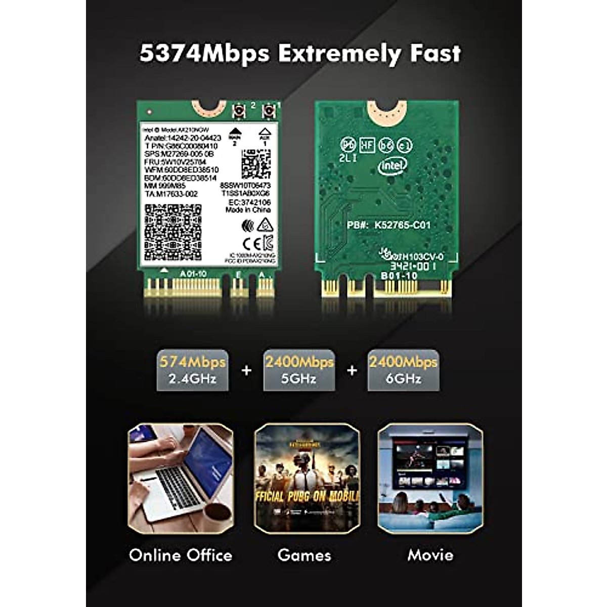 WiFi 6E Wireless Card Intel AX210 NGW Bluetooth 5.3 Tri-Band 5400Mbps Network Adapter for Laptop Support Windows 10/11 (64bit) M.2/NGFF