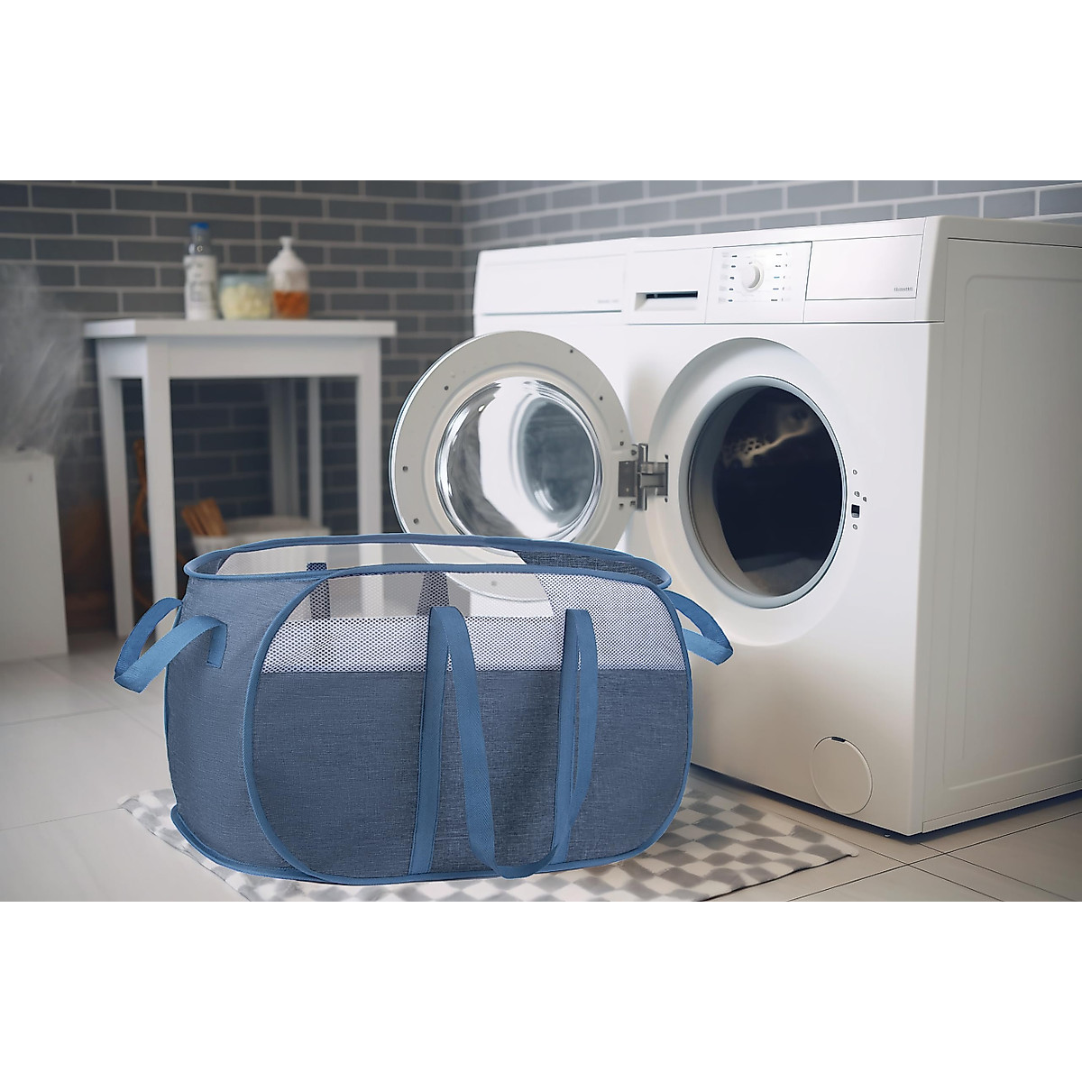 pop-up laundry basket，with Durable Handles collapsible Mesh laundry Hamper,Easy to Open and Fold,Premium Cationic Fabric… (Cationic blue+blue)
