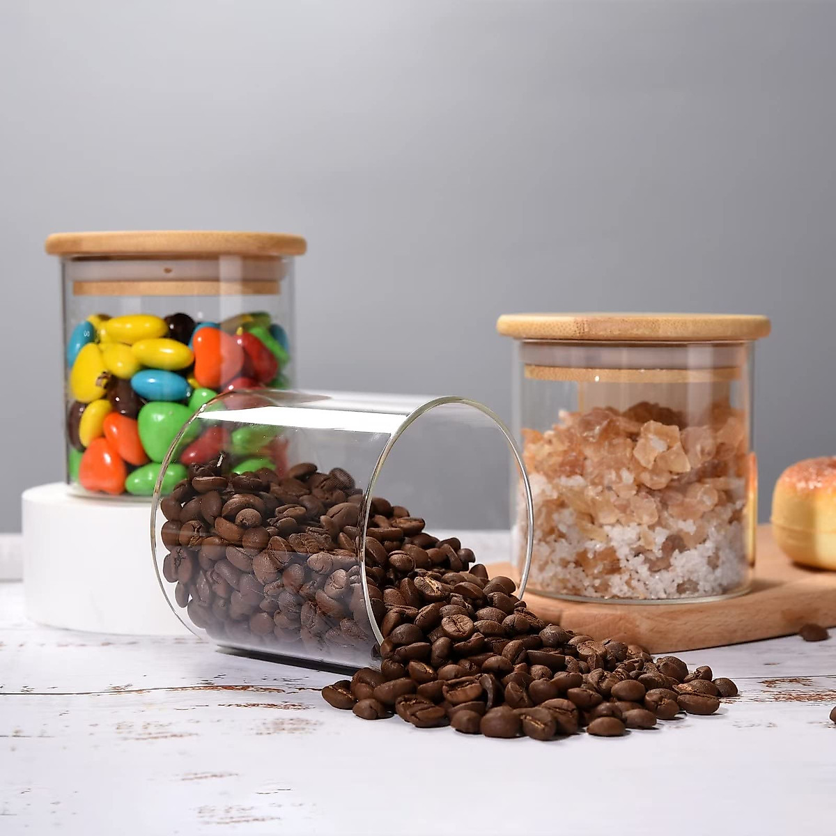 Glass Condiment Jar with 6 Lids, Sugar Bowl/Salt Box with Spoon and Blank Labels, Coffee Canister, Bath Salt Storage Jar, 12 oz, Set of 3