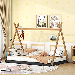 Harper & Bright Designs Full Size Teepee Bed for Kids,Full Floor Bed Frame with Triangle Structure,Wood Montessori Floor Bed for Girls Boys Bedroom Furniture,Black+Brown