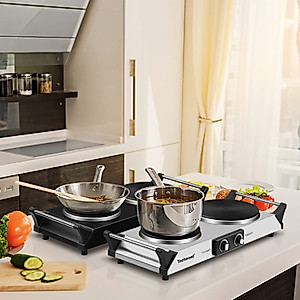 Hot Plate, Techwood Double Burner for Cooking, 1800W Countertop Electric Stoves with Adjustable Temperature & Stay Cool Handles, Dual Cooktop for RV/Home/Camp, Upgraded Version Stainless Steel, Silver