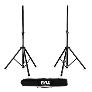 Pyle Universal Dual PA DJ Tripod 2 Speaker Stand Kit with Adjustable Height & Storage Bag Constructed with Heavy Duty Durable Steel & Lightweight for Easy Mobility Safety PIN Screw Locks PSTK107,Black