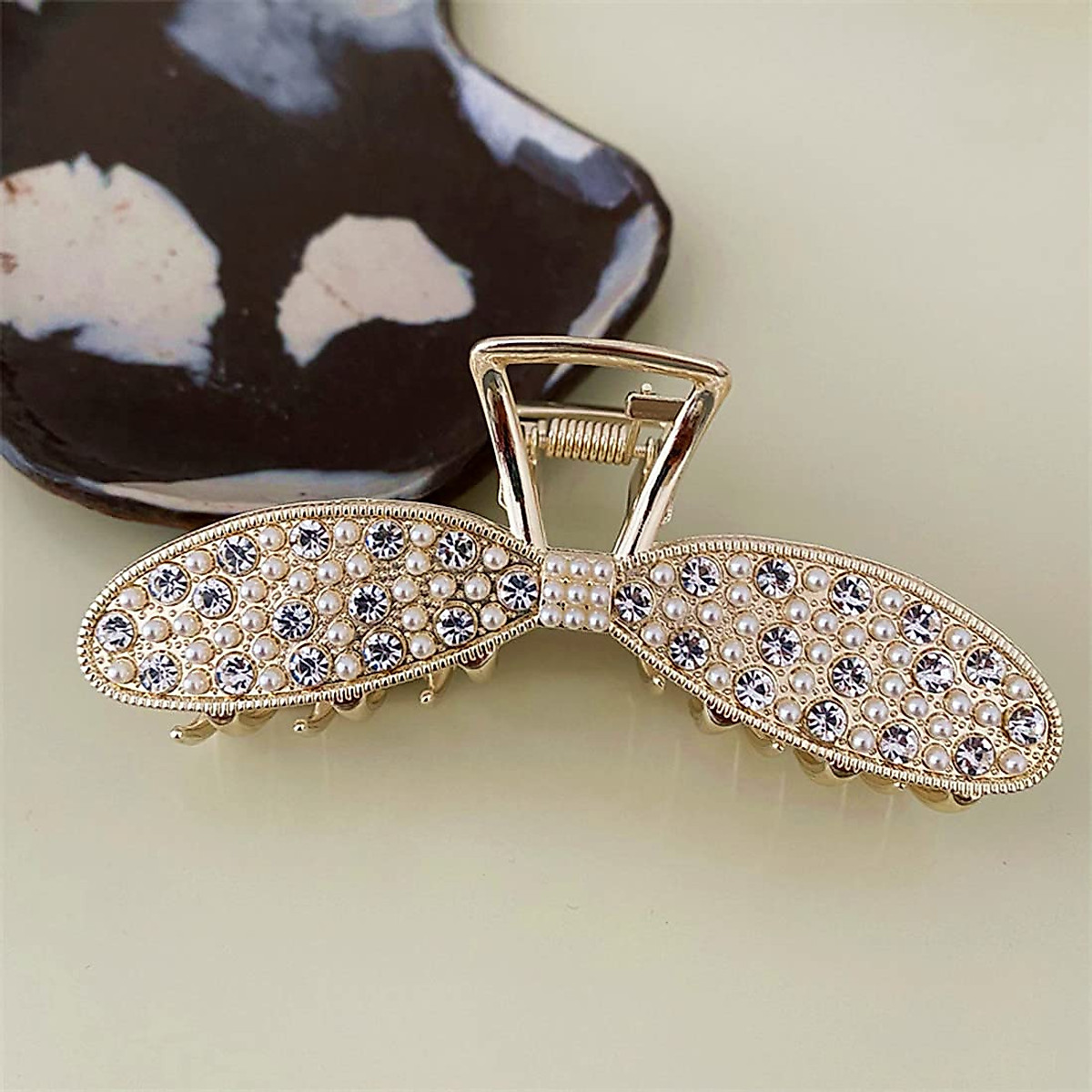 Pearl Rhinestone Hair Clips, Sinide 3 Pack Large Crystal Gold Metal Hair Catch Barrette Jaw Clamp Non-Slip French Hair Claws Strong Hold Hair Accessories for Women, Lady, Girls
