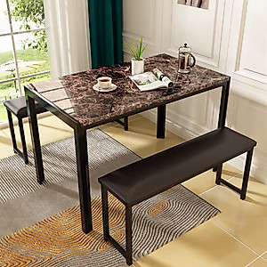 Lamerge Kitchen Tables Set for 4, Dining Faux Marble Table and 2 PU Leather Upholstered Bench, 3 Piece Dining Room Table Set for Small Space, Breakfast Nook and Apartment, Brown (Dining Table016)