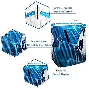 Soccer Ball in Goal Print Collapsible Laundry Hamper, 60L Waterproof Laundry Baskets Washing Bin Clothes Toys Storage for Dorm Bathroom Bedroom
