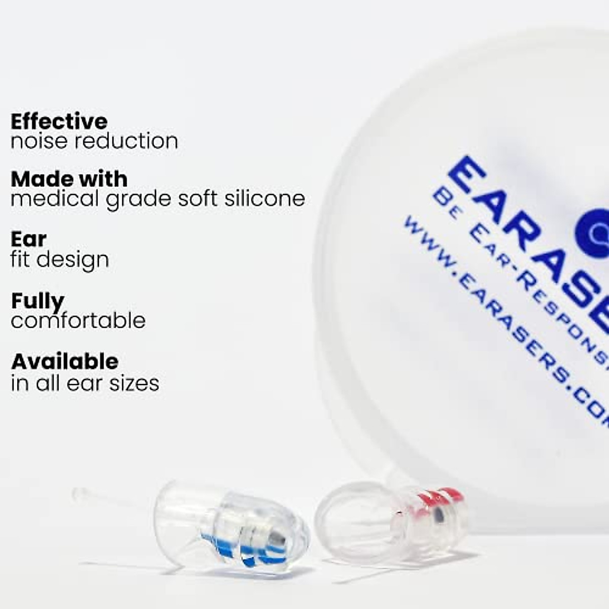 EARasers Noise Cancelling Earplugs - Reusable Soft Silicone Noise Reduction Musicians Comfort US Medium Earplugs For Concert, Dentist With Waterproof Black Keychain Carrying Case – 19dB Peak Reduction