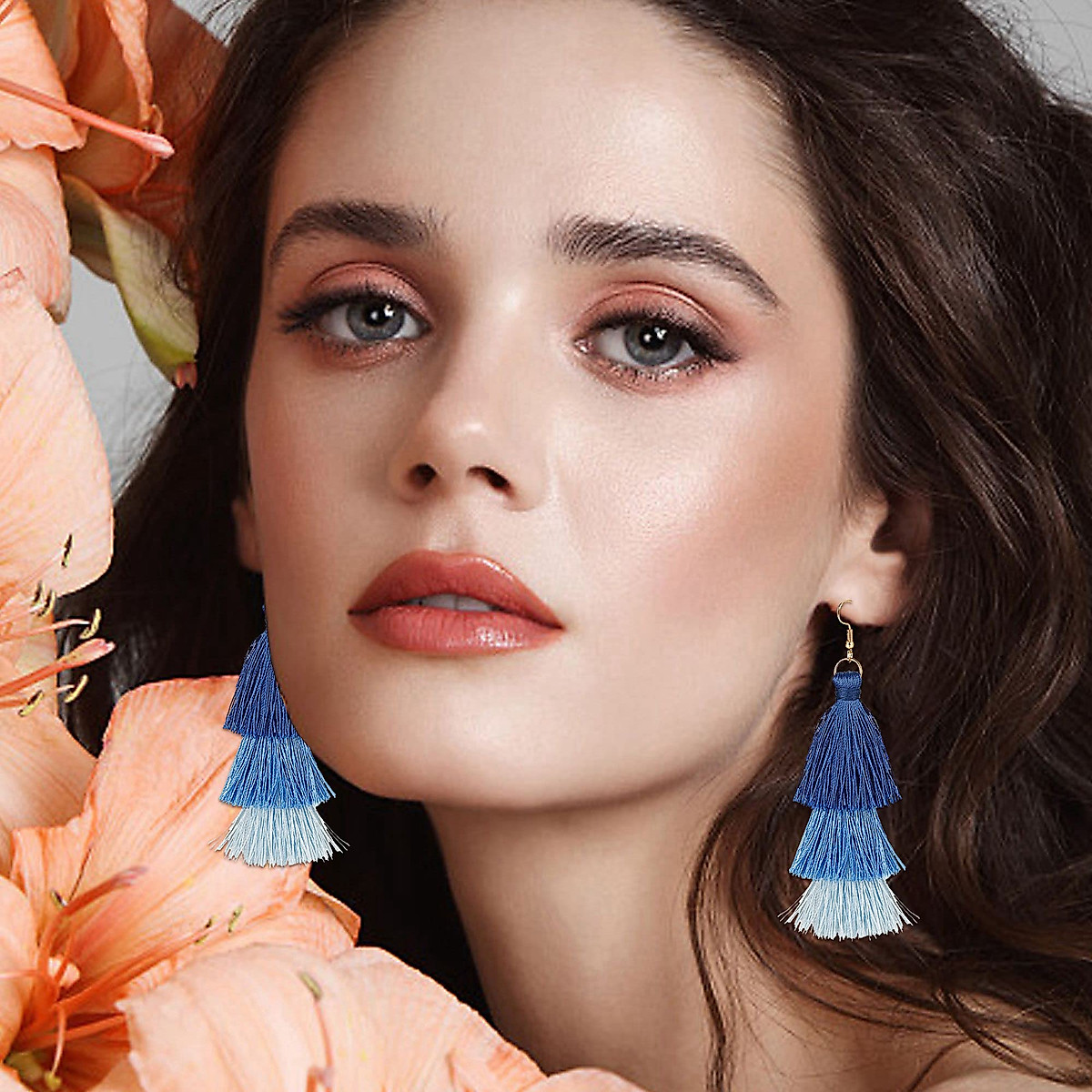 FINREZIO Dangle Tassel Blue Earring for Women Boho Earring Long Thread Tassel Earrings Bohemian Fringe Drop Handmade EarringsGradient