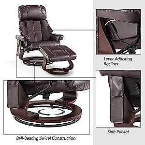 MCombo Recliner with Ottoman Reclining Chair with Vibration Massage and Removable Lumbar Pillow, 360 Degree Swivel Wood Base, Faux Leather 9068 (Dark Brown)