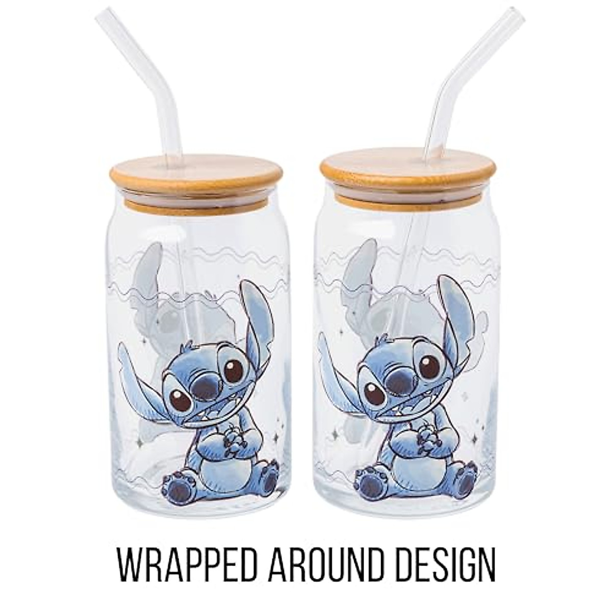 Silver Buffalo Disney Lilo and Stitch Sitting Glass Jar Tumbler with Bamboo Lid and Glass Straw, 16 Ounces