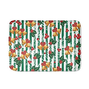 Coloranimal Christmas Door Mats White and Green Stripes Christmas Holly Welcome Doormats Jingle Bells Xmas Bells Decorative for Home Entrance Indoor Outdoor Front Door Mats Entryway Rugs Non Slip