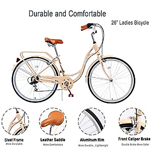 CIATRE 26 inch Bike, Women's Beach Cruiser Bike, Strong Steel Frame, 7 Speed, (Pink)