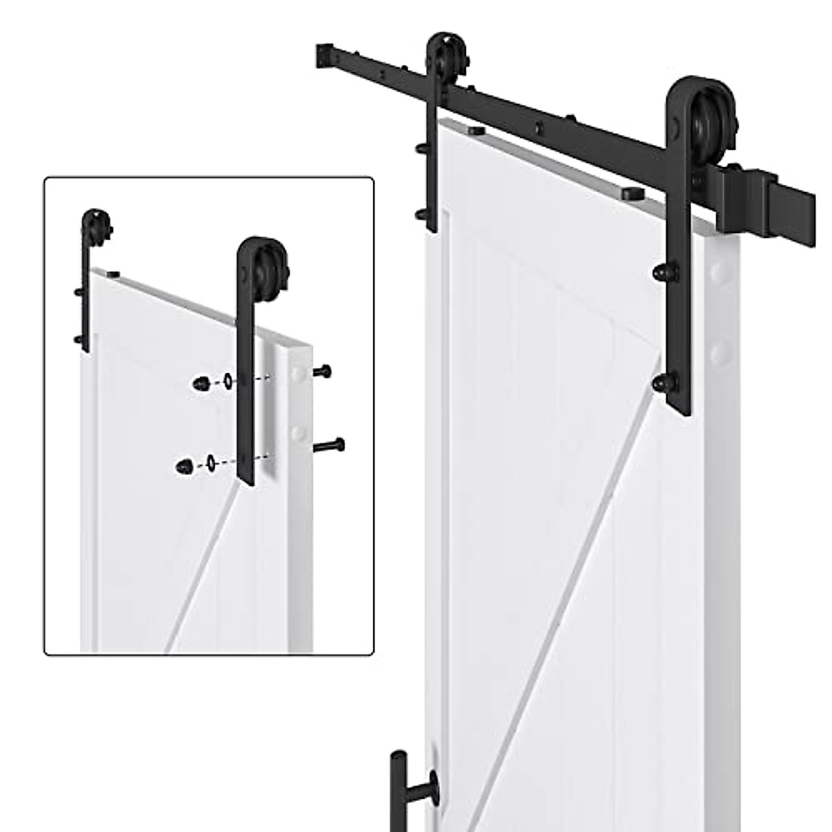 COSHOMER 36in x 84in MDF Sliding Barn Door with 6.6ft Barn Door Hardware Kit & Handle, Pre-Drilled Holes Easy Assembly -Solid Barn Door Slab Covered with Water-Proof PVC Surface, White, K-Frame