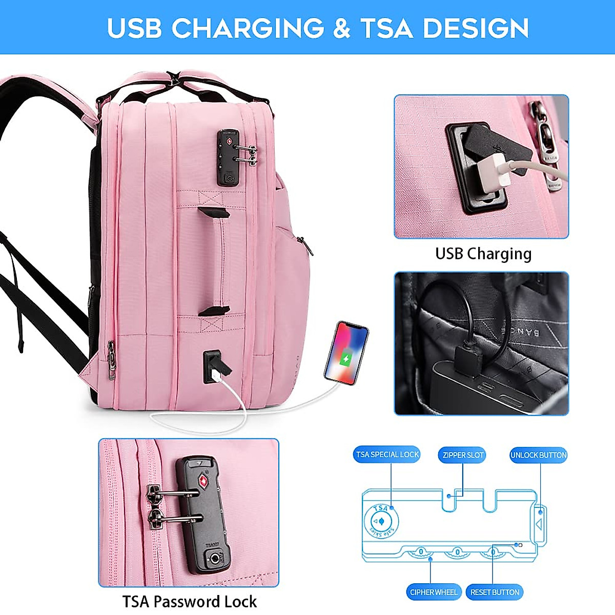 BANGE 35L Pink Travel Backpack for Women, Large Lightweight Airplane Approved Weekender Bag for Women,Daypacks Carry on Backpacks for Nurses Teacher College,TSA Anti Theft Backpack fit 17.3inch Laptop