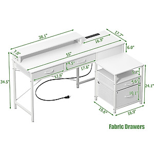 GYIIYUO 55 Inch Computer Desk with 4 Drawers & Printer Stand, L Shaped Office Desk with File Cabinet, Power Outlets, LED Lights & Monitor Stand, Writing Desk with Storage Shelf for Home Office, White
