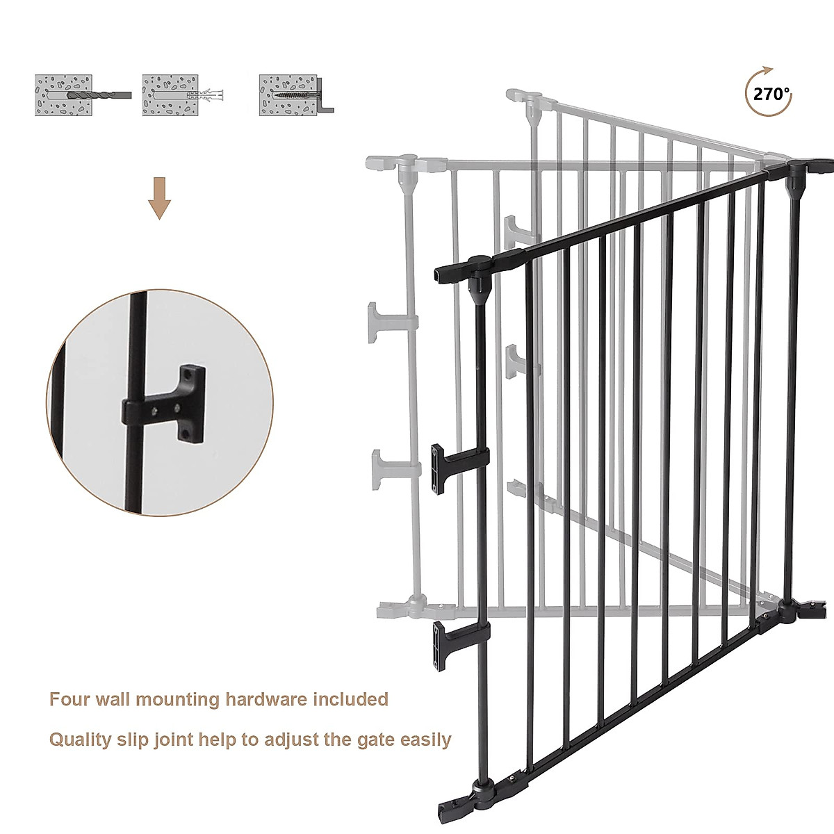 Bonnlo 120 Inches Wide Configurable Baby Gate Fireplace Safety Fence/Guard Adjustable 5-Panel Metal Play Yard for Toddler/Pet/Dog Christmas Tree Fence, Includes 4 Pack of Wall Mounts, Black