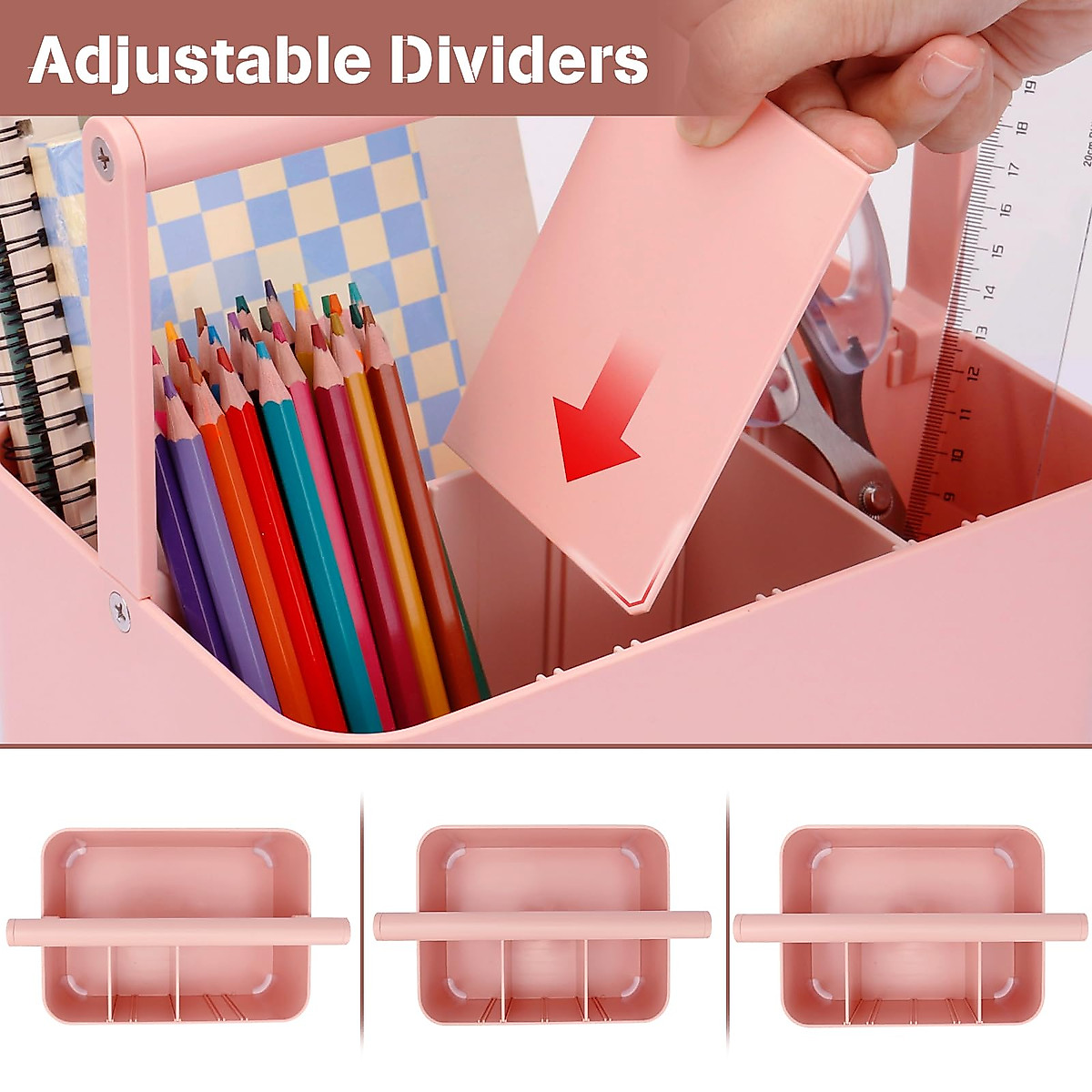 LAFARA Multipurpose Caddy Organizer, Portable Art Caddy with Handle and Adjustable Divider, Plastic Craft Caddy （Pink+Blue）