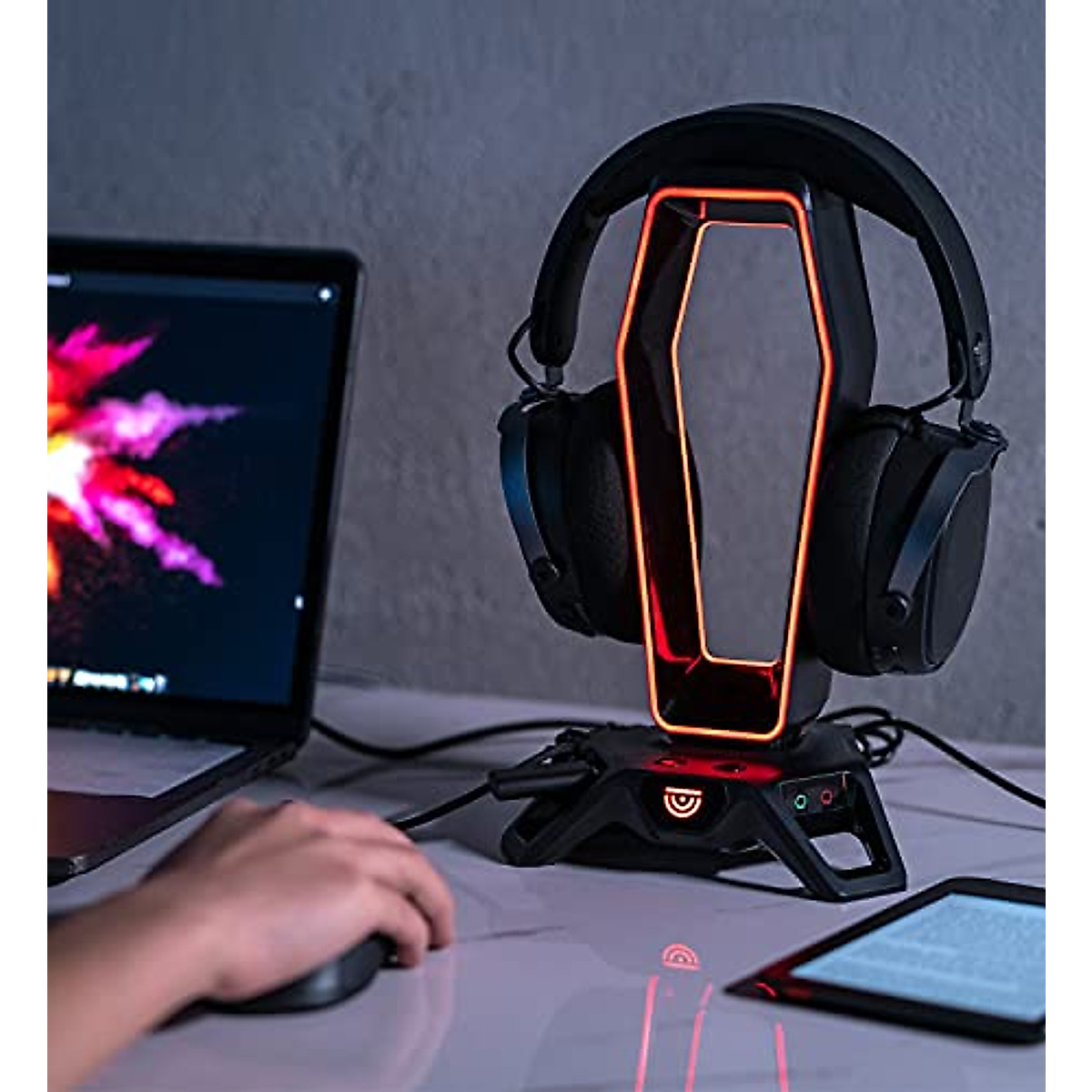 TRUSYO AUDIO THE PORTAL USB 3.0 headset stand with dual RGB lights, 3 usb charger ports, a headphone holder for wired or wireless headphones, great for gaming stations. A gaming accessory.