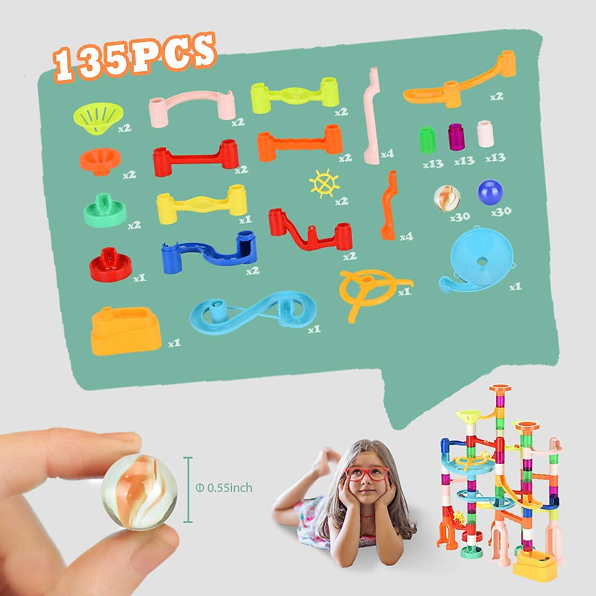 Marble Run,135 PCS Marble Maze Building Block Toys Gravitrax Marble Run for Kids,STEM Learning Toys Marble Track Race Tower Model Creative Birthday Gift with 60 Marbles for Boys & Girls 3 4 5 6 7 8 9