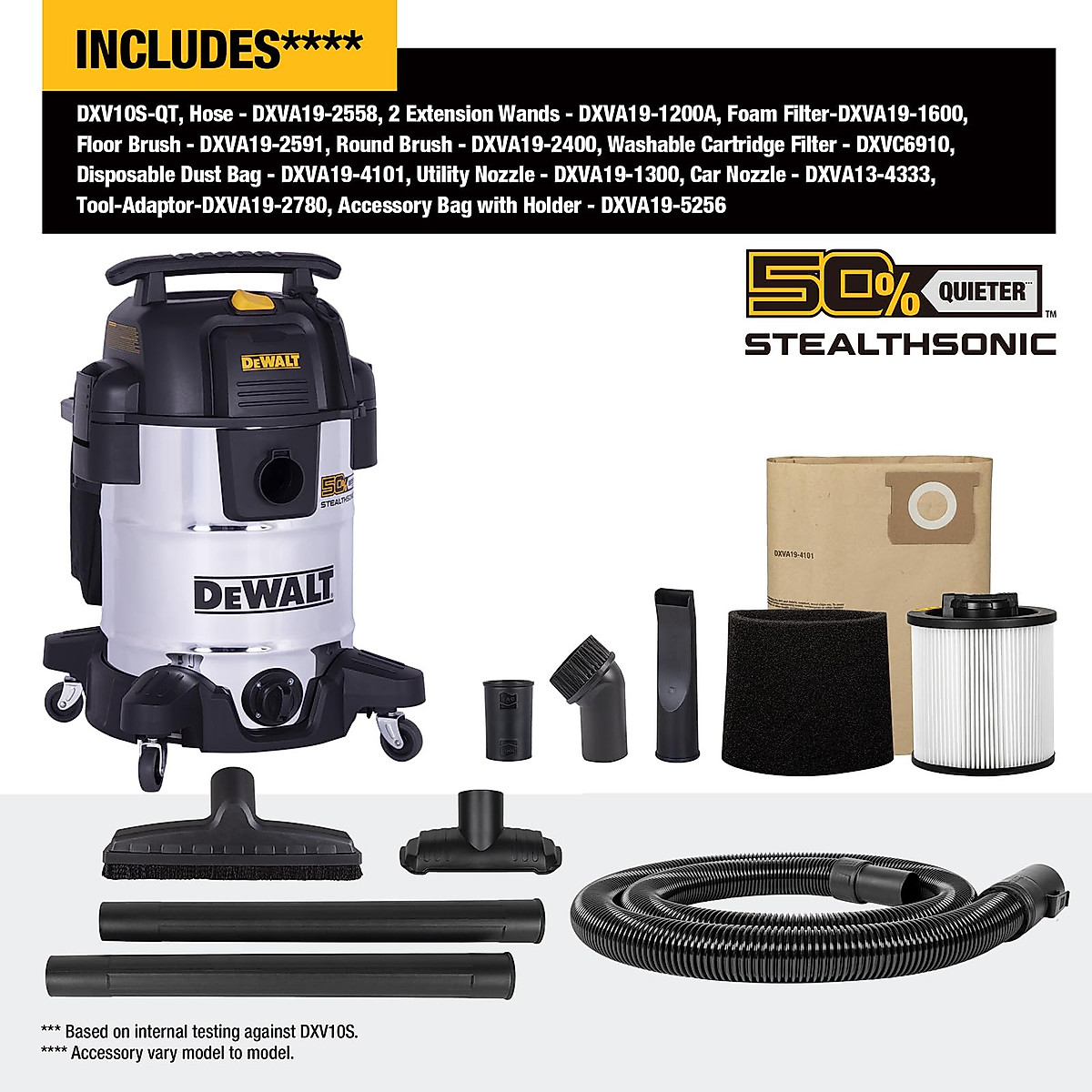 DEWALT 10 Gallon STEALTHSONIC Shop Vacuum Wet and Dry, Ultra Quiet Heavy Duty Shop Vacuum with Attachments, Powerful Outdoor Shop Vac for Car, Garage, Workshop, Jobsite, Patio, DXV10S-QT, 5 Peak HP