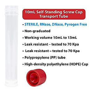 Globe Scientific Transport Tube, 10mL, Separate Red Screw Cap with Recess for Swab, STERILE, PP, Round Bottom, Self-Standing, Bulk Packed, 2 x 500 Tubes/Bag & 1 x 1000 Caps/Bag (1000 pcs)