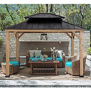 10' x 12' Hardtop Gazebo Solid Cedar Wood Gazebo with Galvanized Steel Double Roof, Outdoor Permanent Gazebo with Curtains and Netting for Patio Backyard Deck Lawn