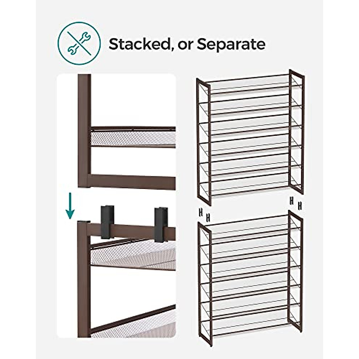 SONGMICS Shoe Rack, 12-Tier Tall Metal Shoe Storage Organizer for Closet, Entryway, Garage, Set of 2 6-Tier Big Stackable Shoes Rack Shelf, Adjustable Feet, Slanted Shelves, Holds 48-60 Pairs, Bronze