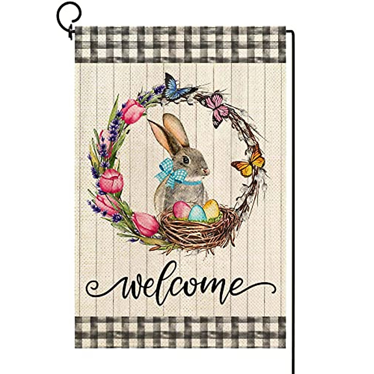 Baccessor Easter Bunny Garden Flag Double Sided Tulip Wreath Welcome Buffalo Plaid Egg Cute Rabbit Yard Flag for Spring Holiday Outdoor Outside Decoration 12.5x18 Inch