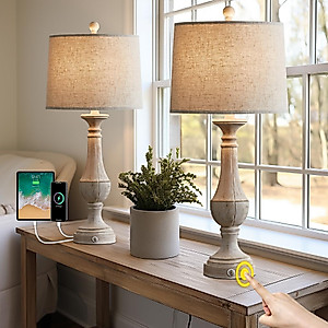 PoKat 27.75" Farmhouse 3 Way Dimmable Touch Table Lamp Sets of 2 Rustic Classic Bedside Nightstand Wood Lamps for Living Room Bedroom with 2 USB Ports Washed White (2 Bulbs Included)