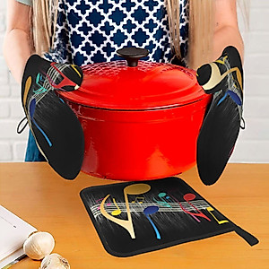 Colorful Musical Note Oven Mitts and Pot Holders Sets of 3 Washable Heat Resistant Hot Pads Non-Slip BBQ Gloves for Kitchen Cooking Baking Grilling